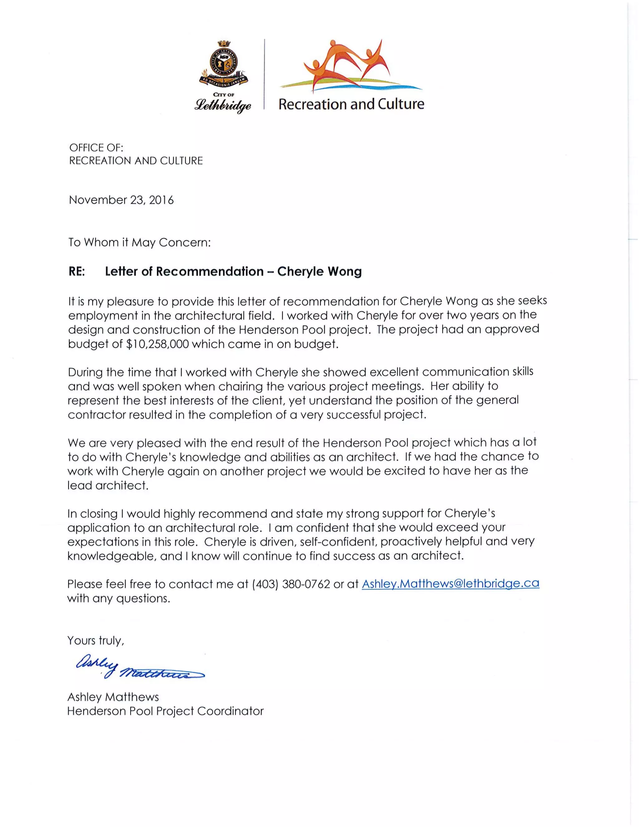 Letter of Recommendation for Cheryle Wong by CofL | PDF