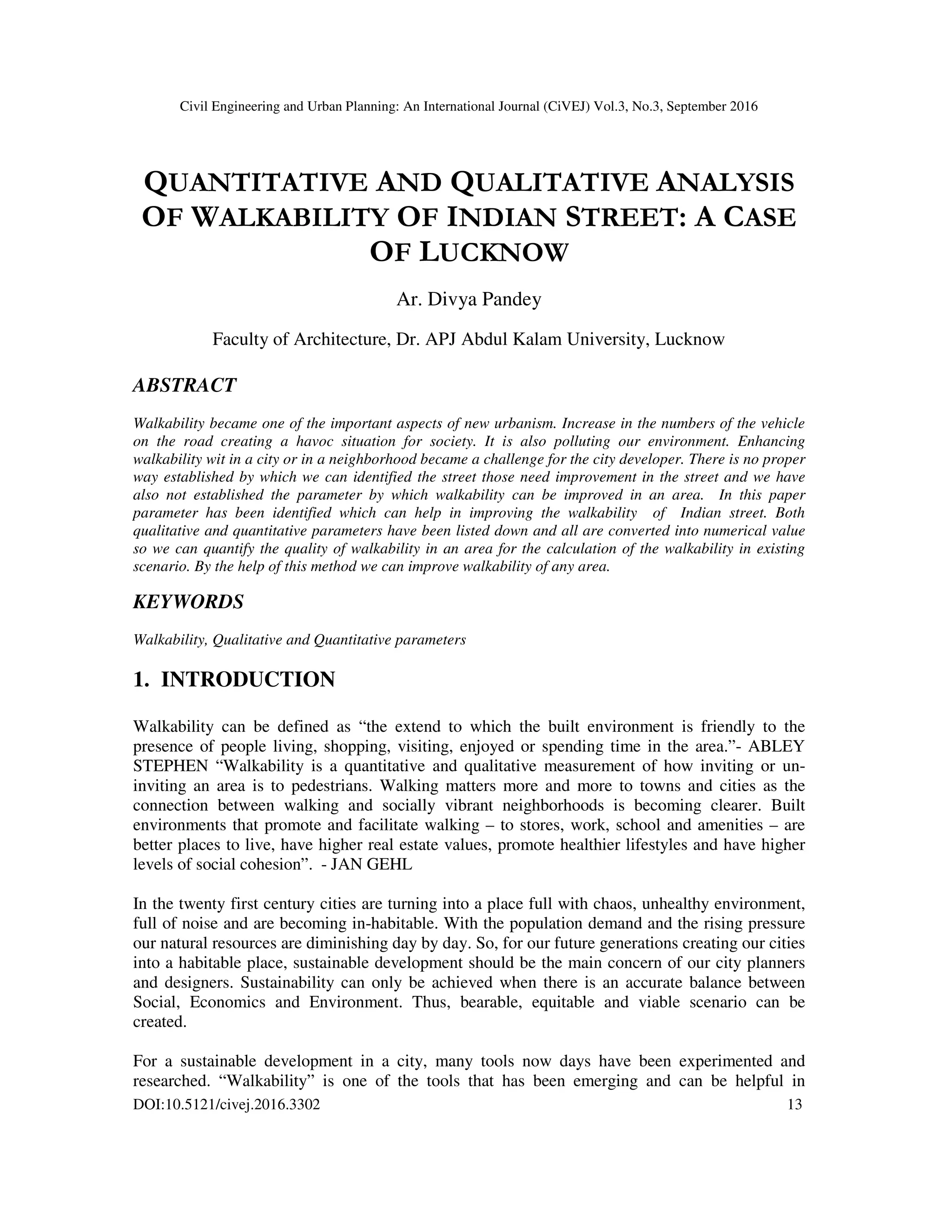 QUANTITATIVE AND QUALITATIVE ANALYSIS OF WALKABILITY OF INDIAN STREET ...