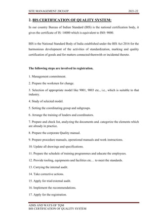 Total Quality Management, BIS certification in construction | PDF