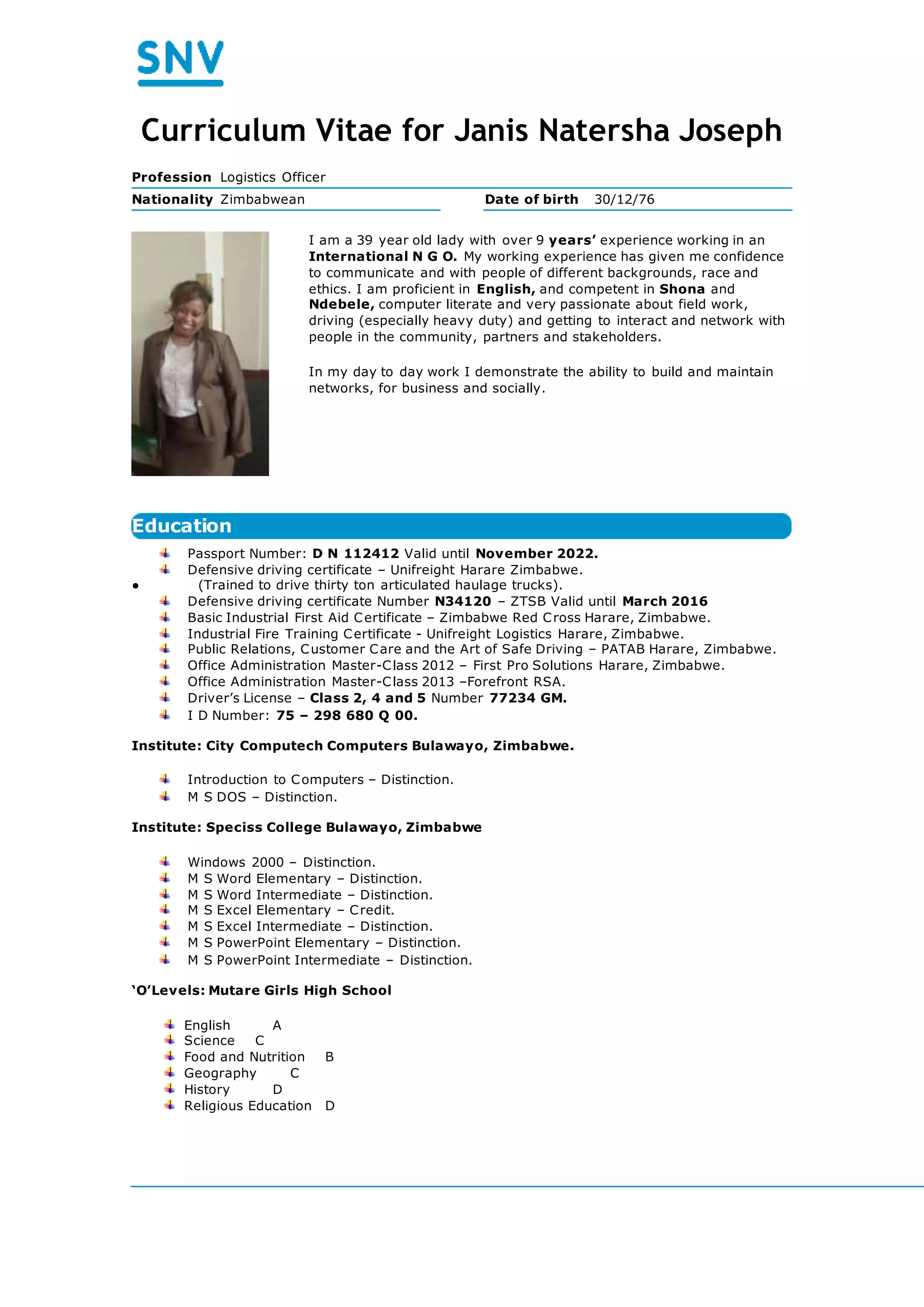 SNV CV JANIS N JOSEPH 2016 | DOCX
