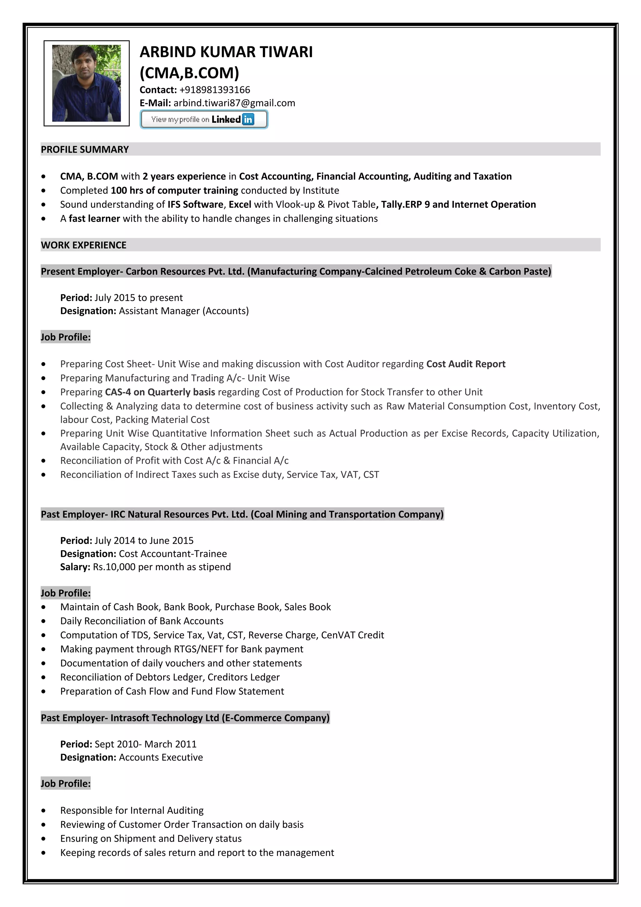 Resume (CMA,B.COM) | DOC