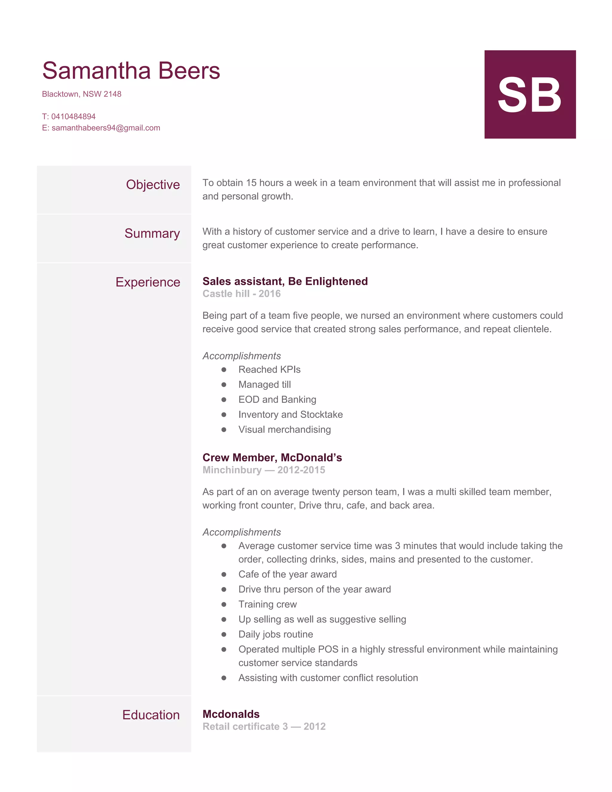 Samantha Beers - resume | PDF