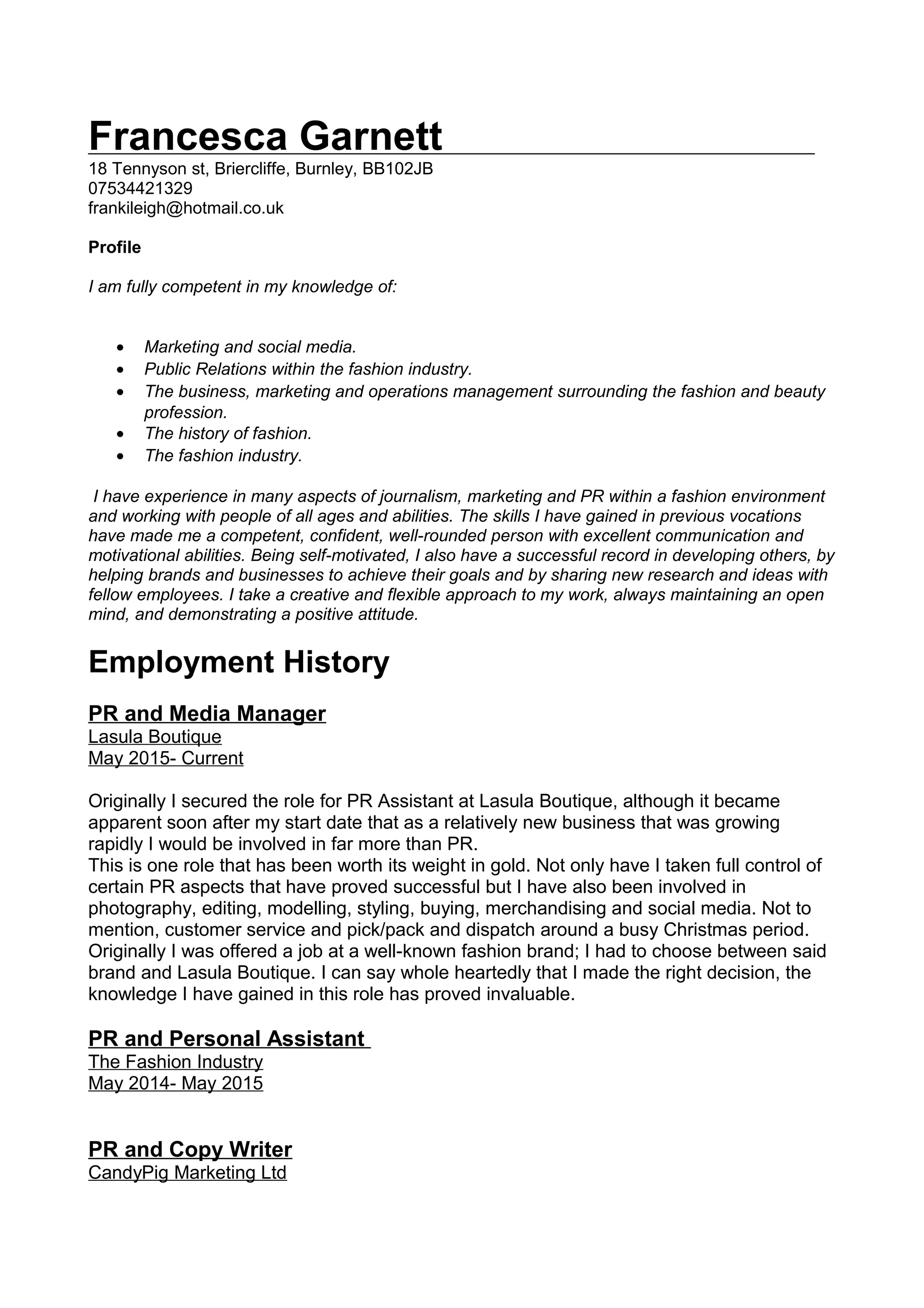 FRANCESCA GARNETT CV 2016 | PDF