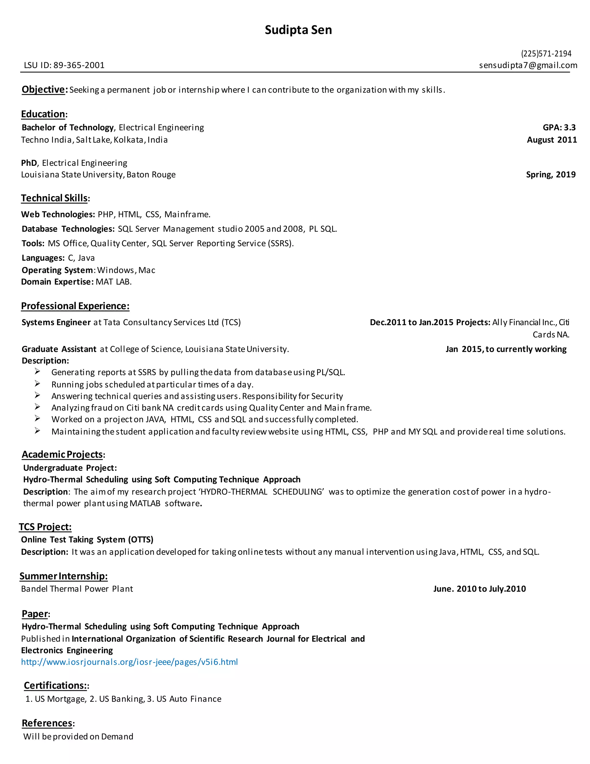 Sen_Resume | DOCX | Computing | Technology & Computing