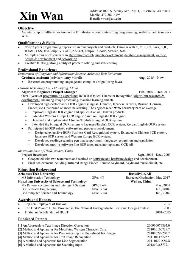 Resume Xin Wan | PDF