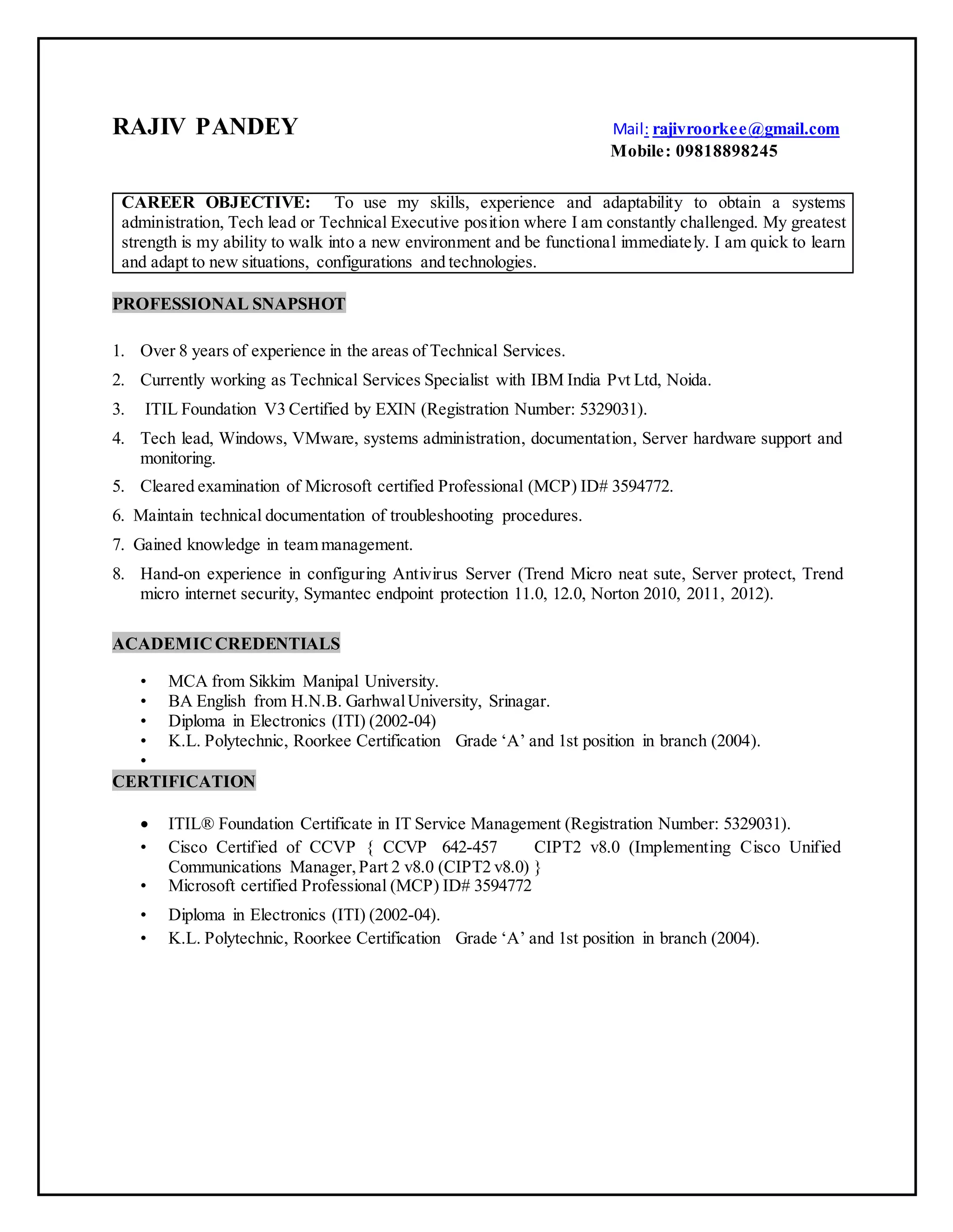 Rajiv CV | DOCX | IT and Internet Support | Internet