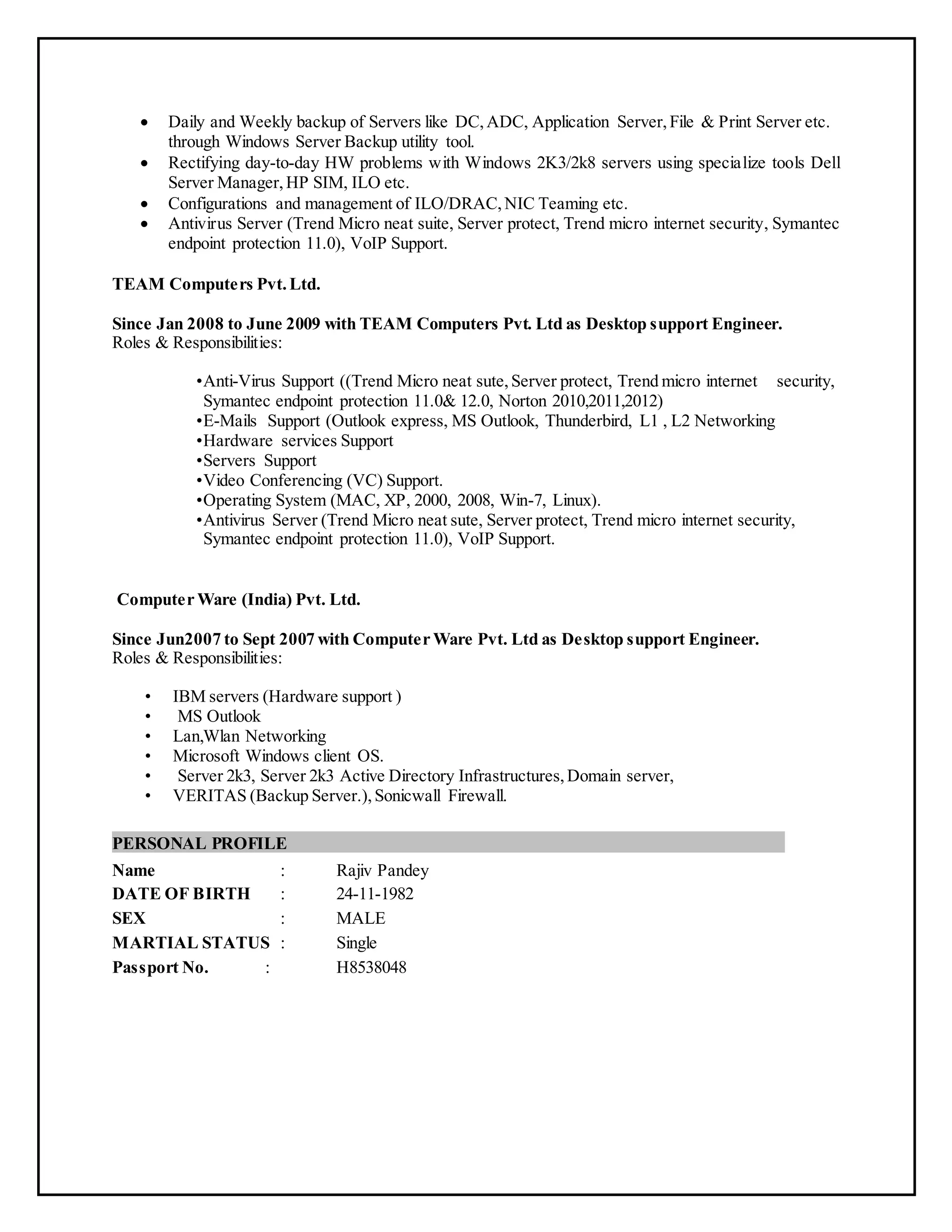 Rajiv CV | DOCX | IT and Internet Support | Internet