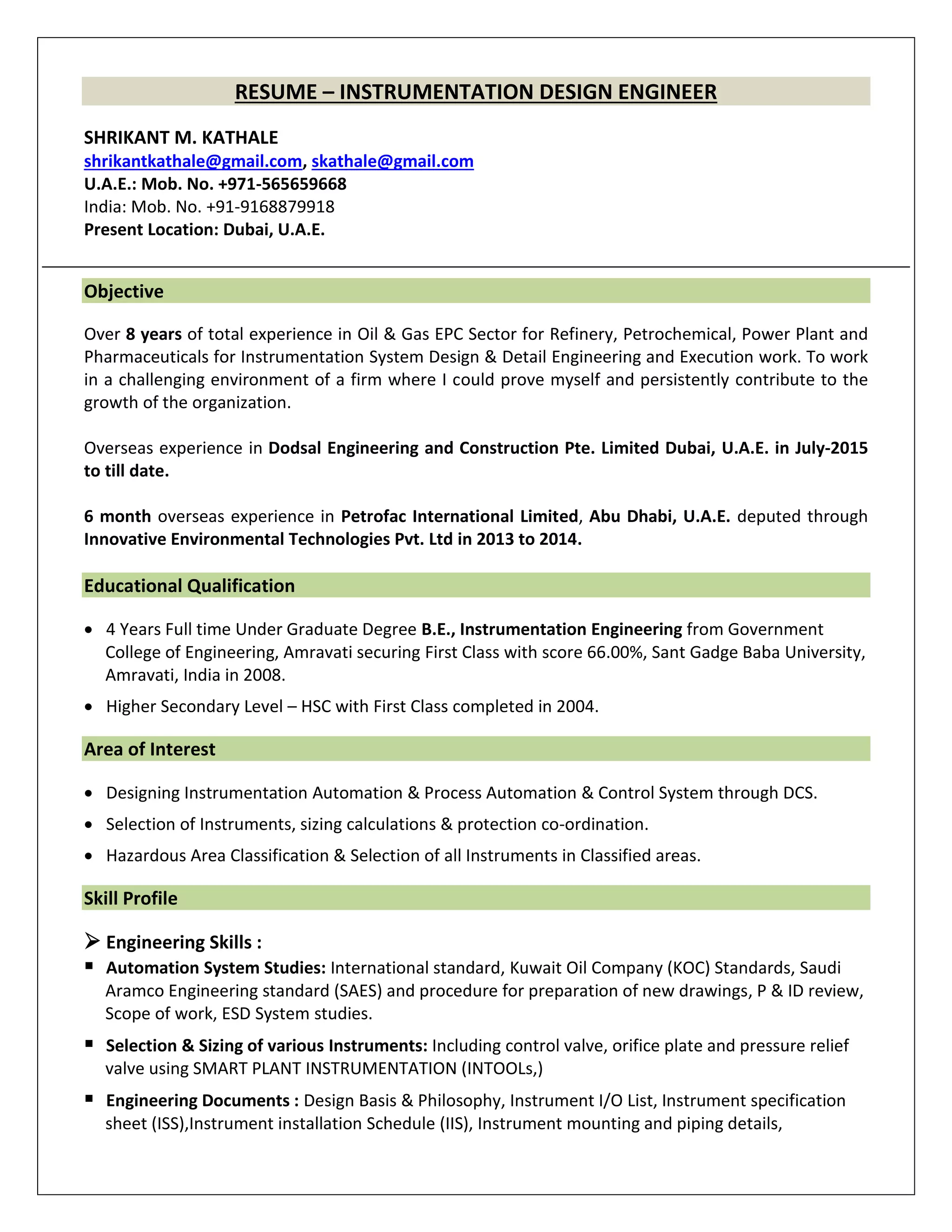 Shrikant Kathale-Design Engineer CV (8 Years Exp.) | PDF