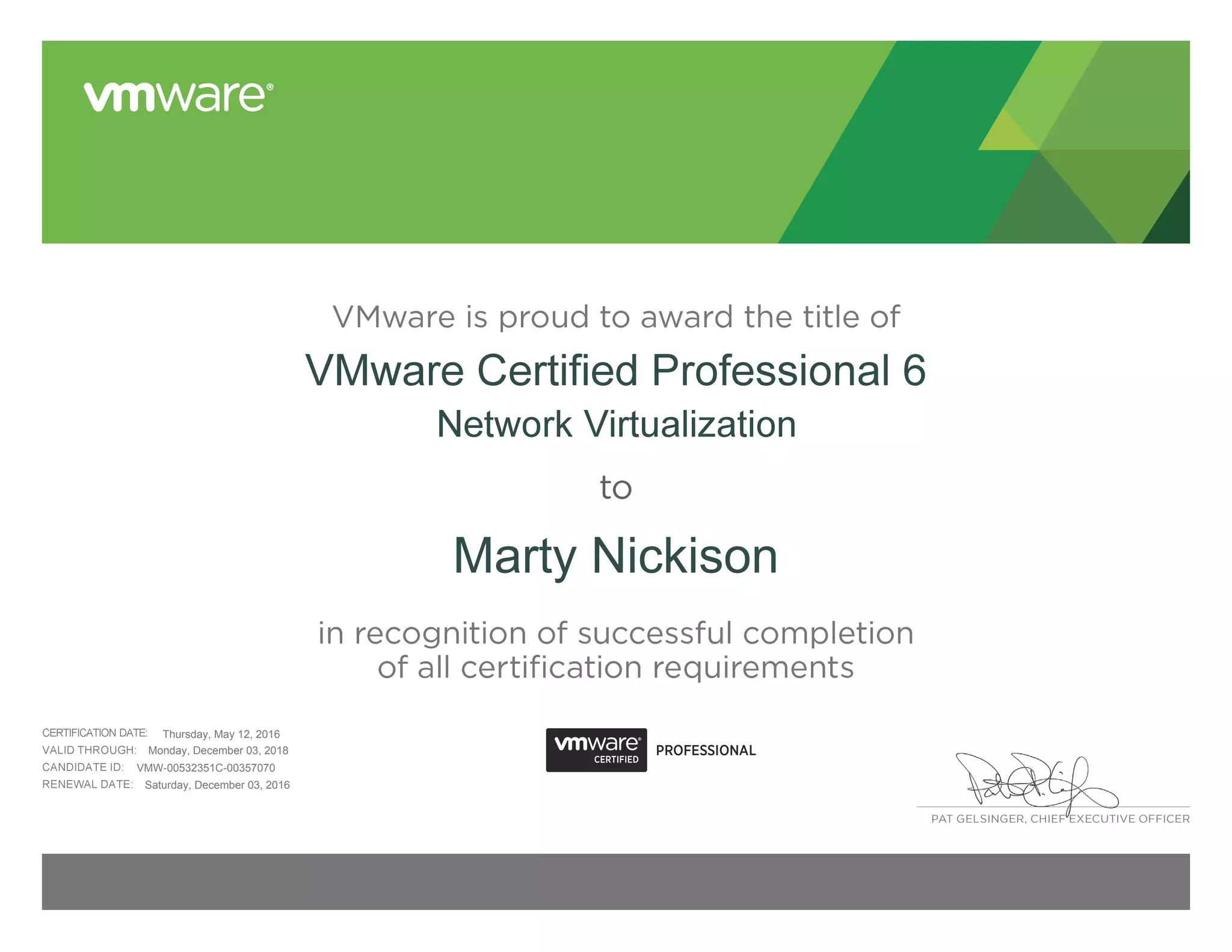 VMware Certified Professional 6 - Network Virtualization certificate (2 ...