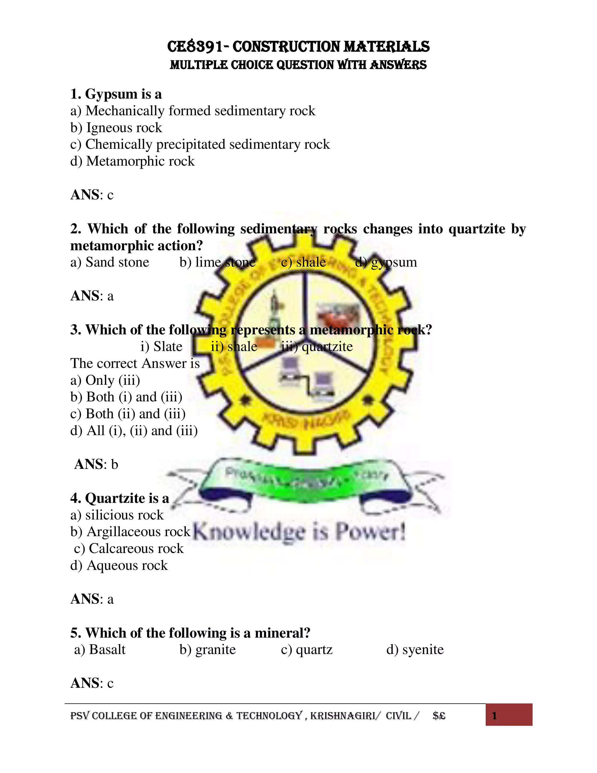 Ce8391 construction materials Objective type questions with answers | PDF