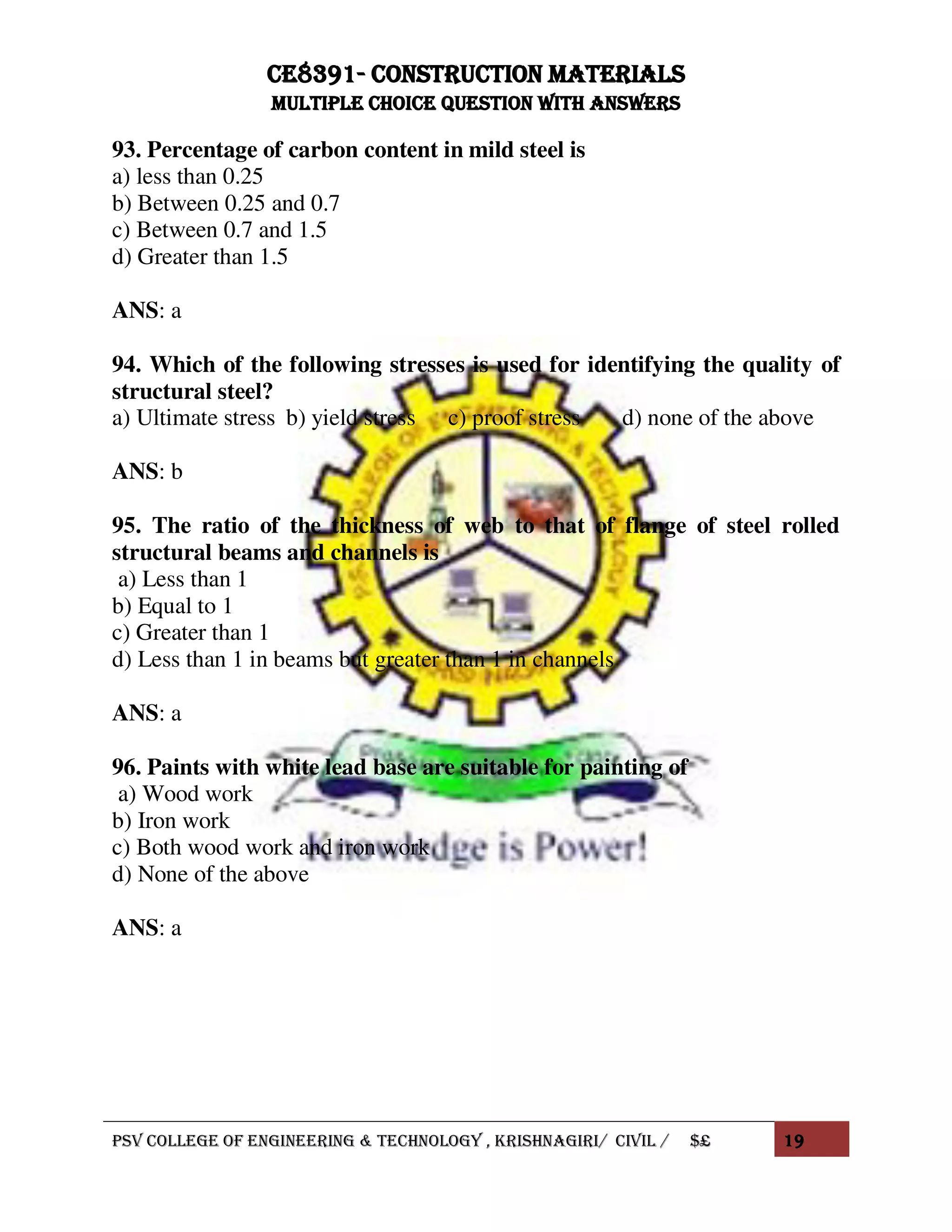 Ce8391 construction materials Objective type questions with answers | PDF