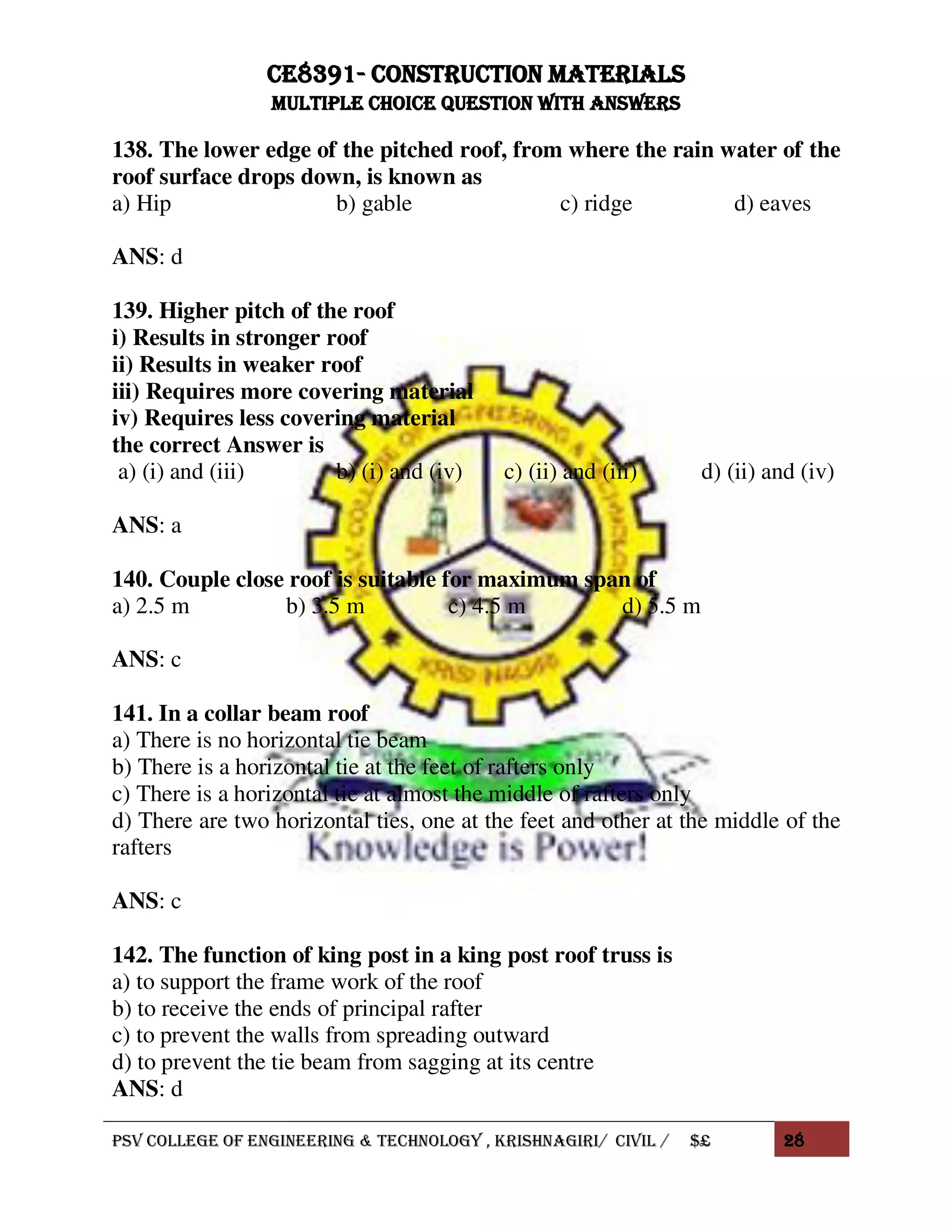 Ce8391 construction materials Objective type questions with answers | PDF