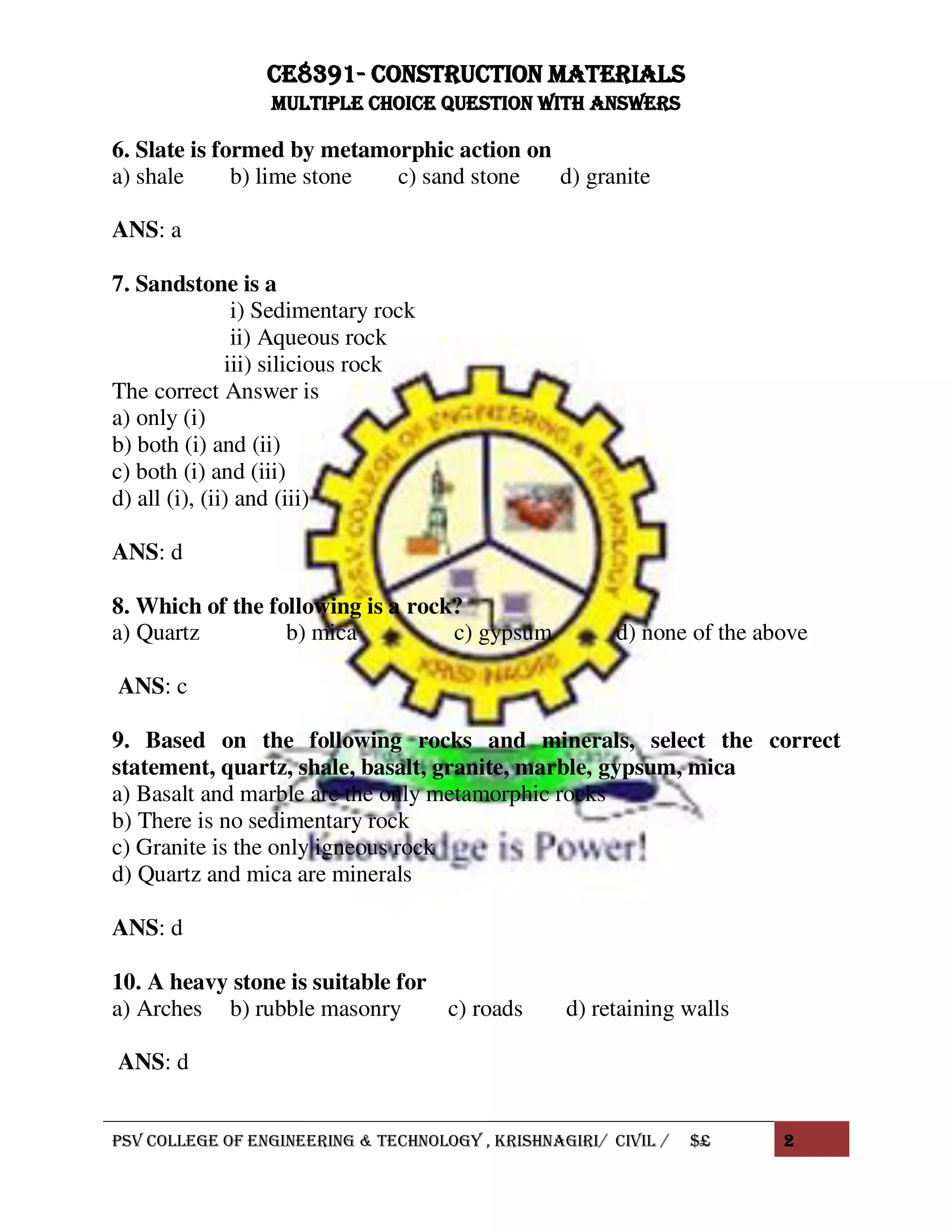 Ce8391 construction materials Objective type questions with answers | PDF