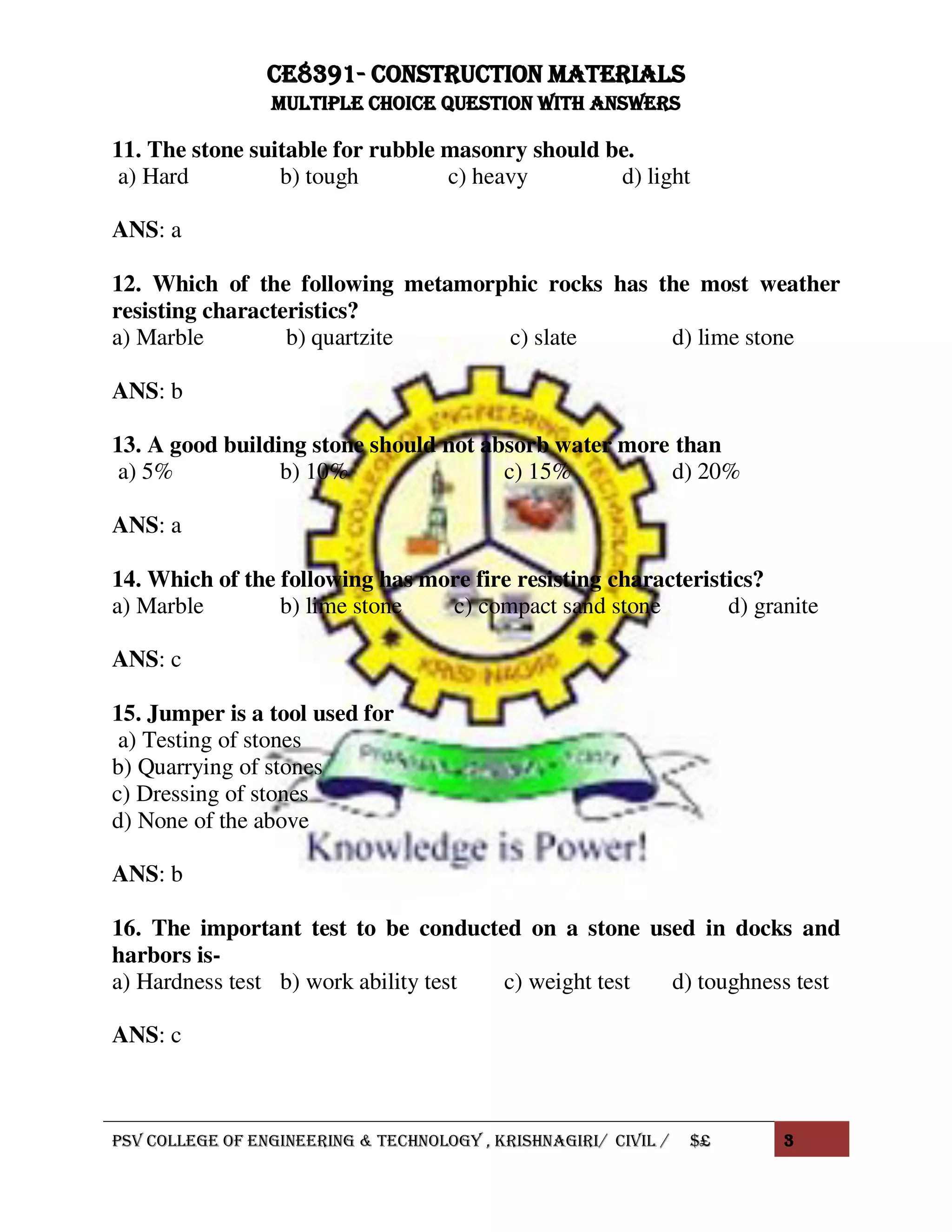 Ce8391 construction materials Objective type questions with answers | PDF