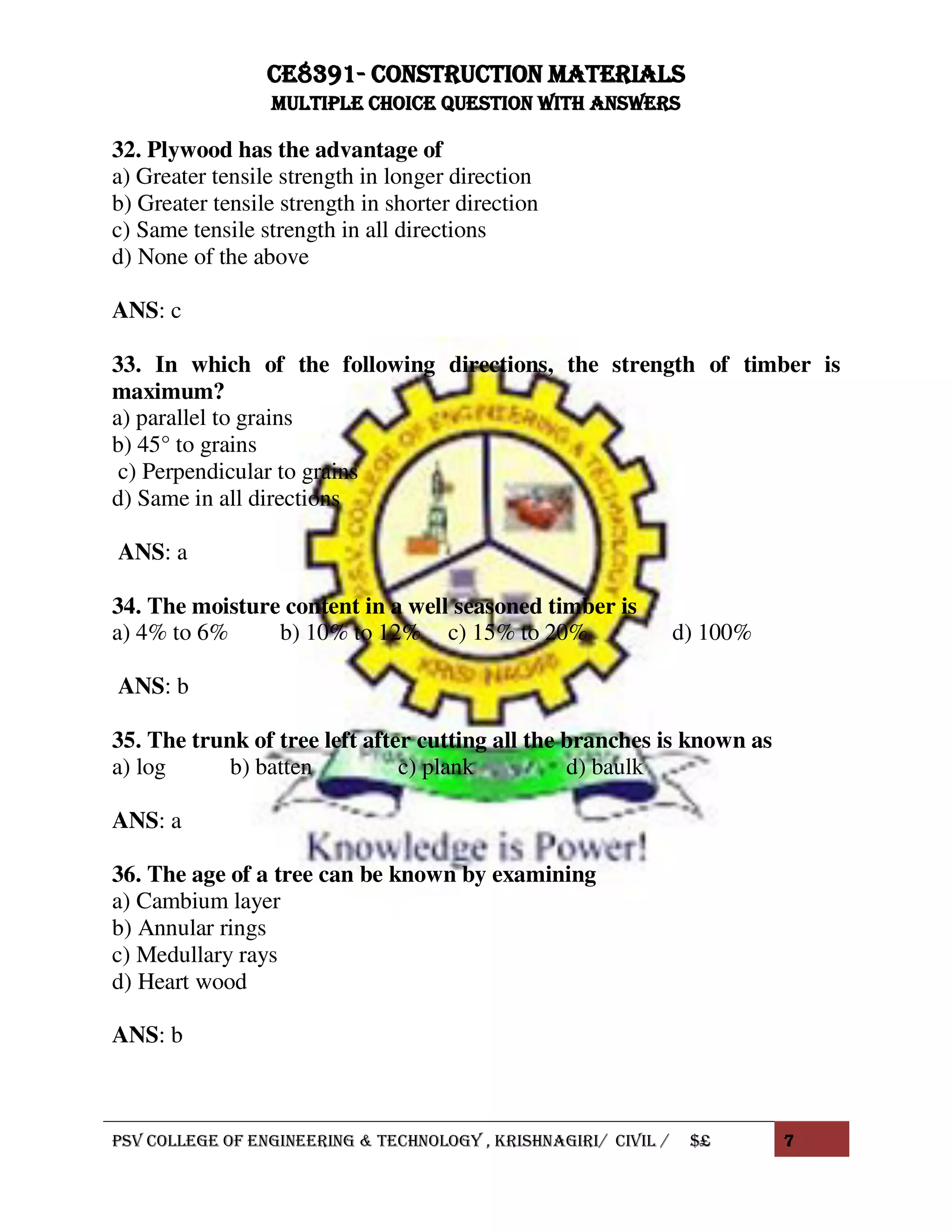Ce8391 construction materials Objective type questions with answers | PDF