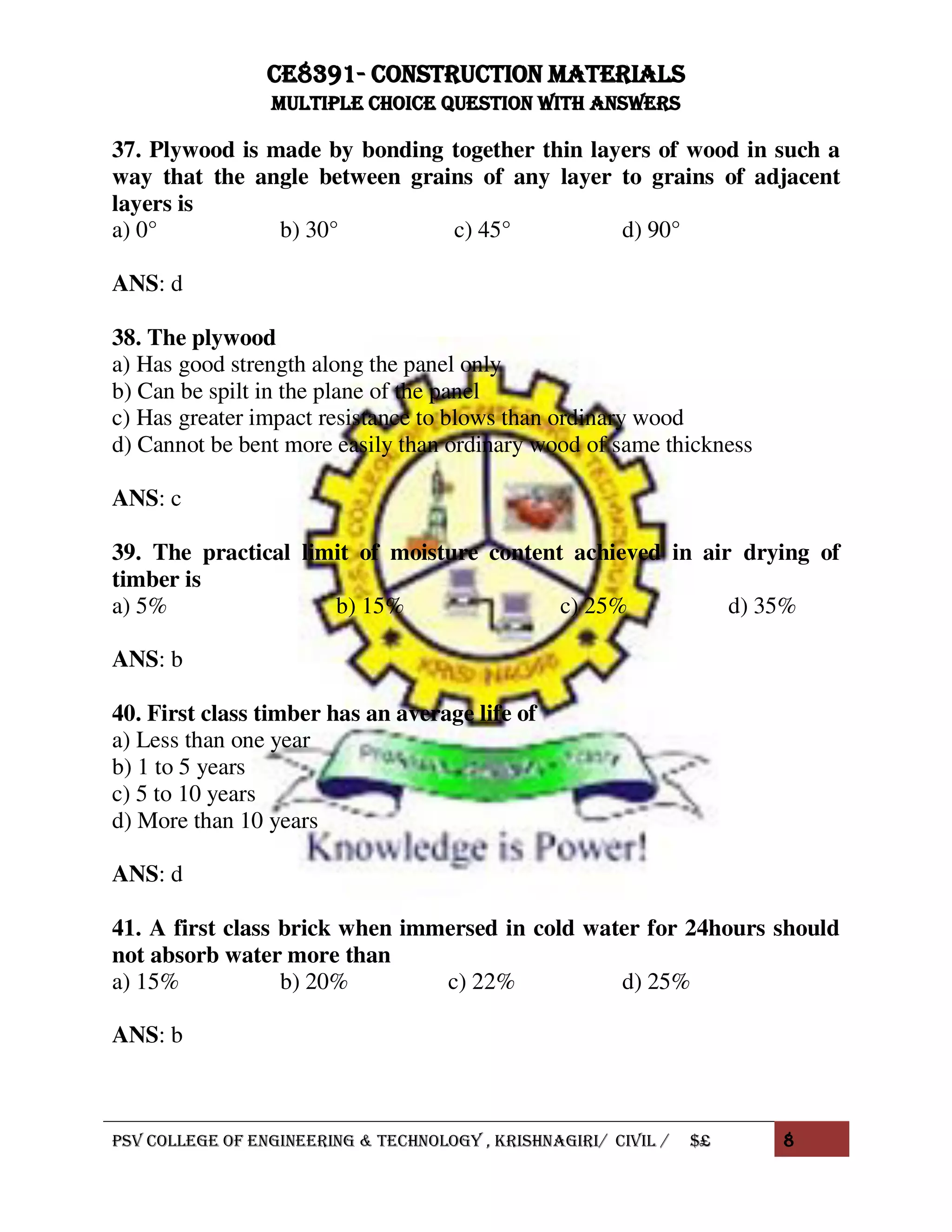 Ce8391 construction materials Objective type questions with answers | PDF