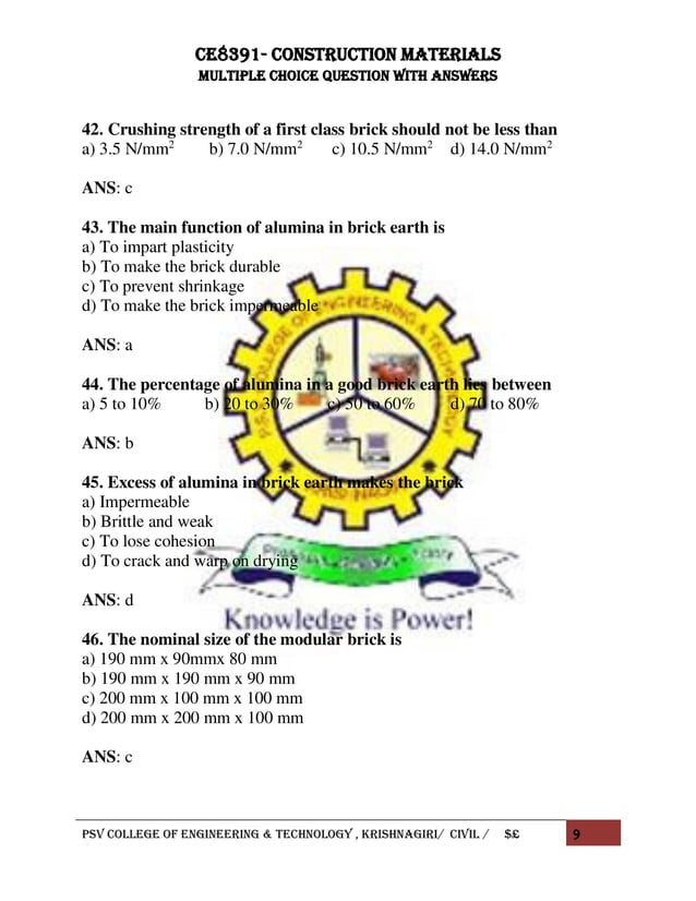 Ce8391 construction materials Objective type questions with answers | PDF