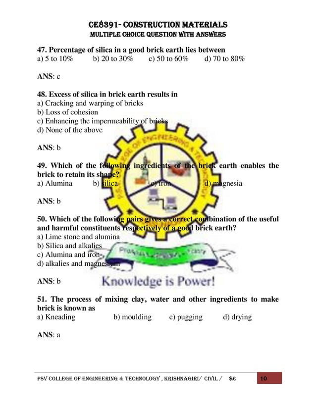 Ce8391 construction materials Objective type questions with answers | PDF