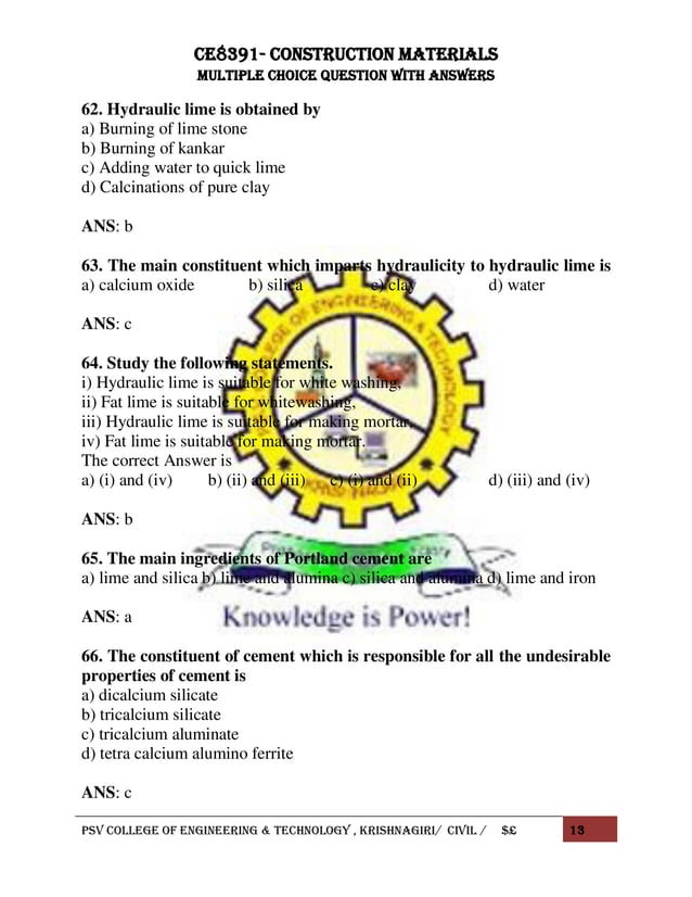 Ce8391 construction materials Objective type questions with answers | PDF