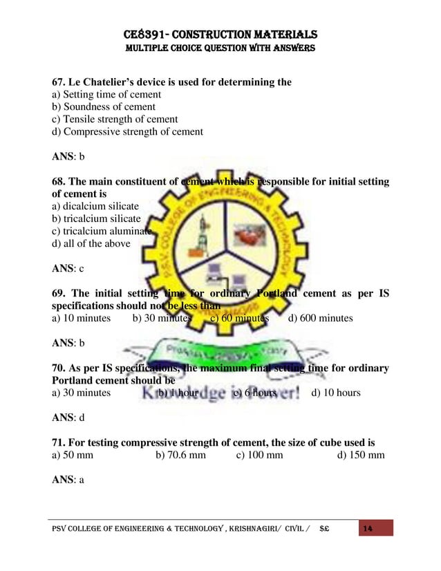 Ce8391 construction materials Objective type questions with answers | PDF