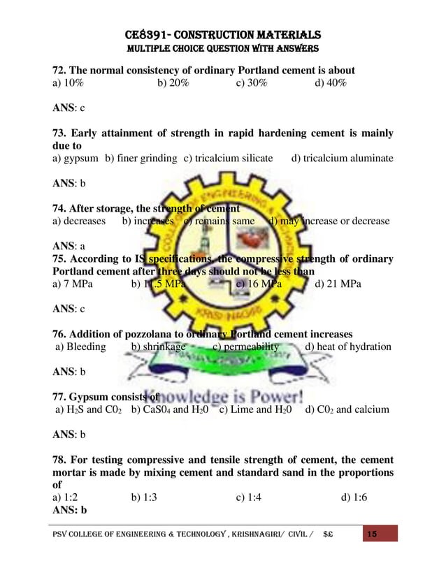 Ce8391 construction materials Objective type questions with answers | PDF