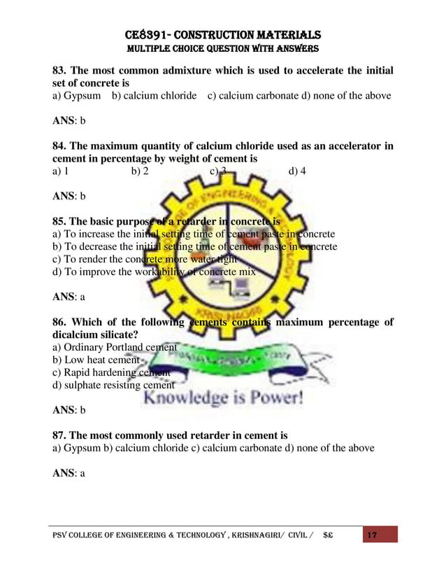Ce8391 construction materials Objective type questions with answers | PDF