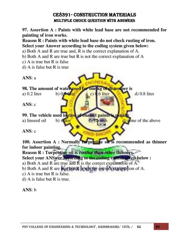 Ce8391 construction materials Objective type questions with answers | PDF