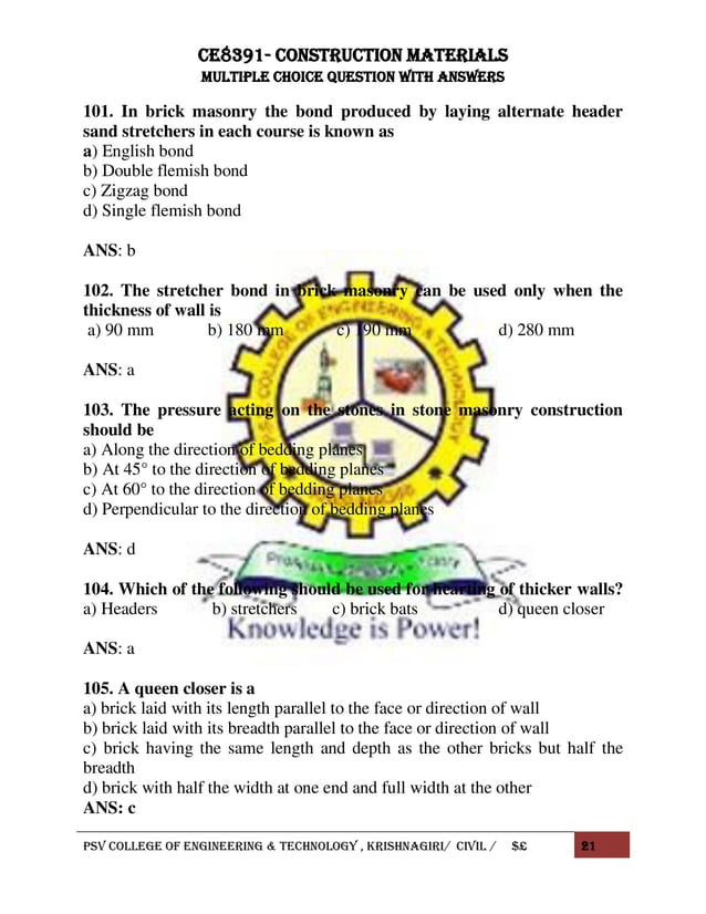 Ce8391 construction materials Objective type questions with answers | PDF