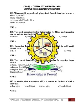 Ce8391 construction materials Objective type questions with answers | PDF