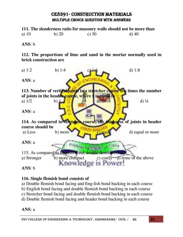 Ce8391 construction materials Objective type questions with answers | PDF
