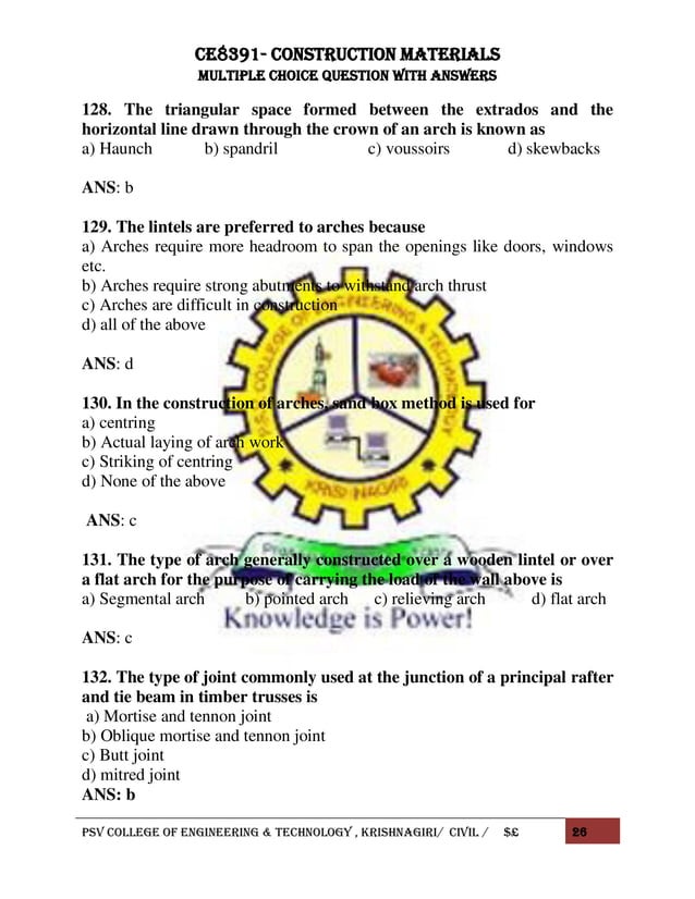 Ce8391 construction materials Objective type questions with answers | PDF