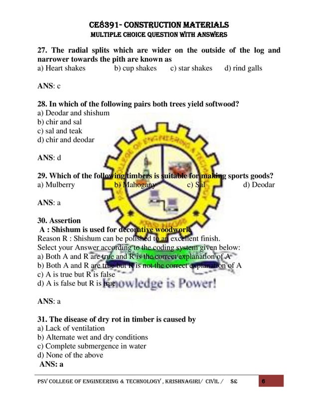 Ce8391 construction materials Objective type questions with answers | PDF