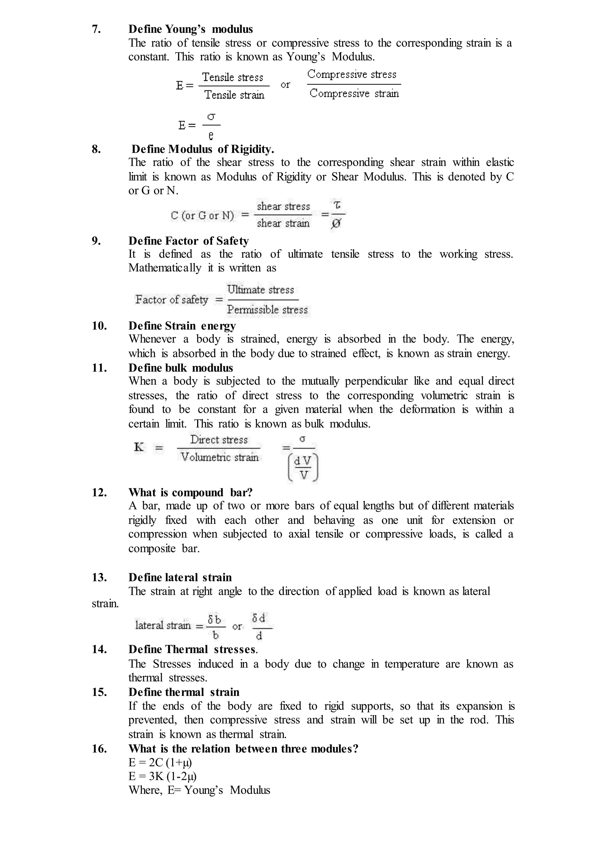 STRENGTH OF MATERIALS 2 MARKS (CE6306/CE8395) | DOCX