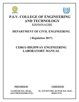 Ce8611 Highway Engineering Laboratory Manual | PDF