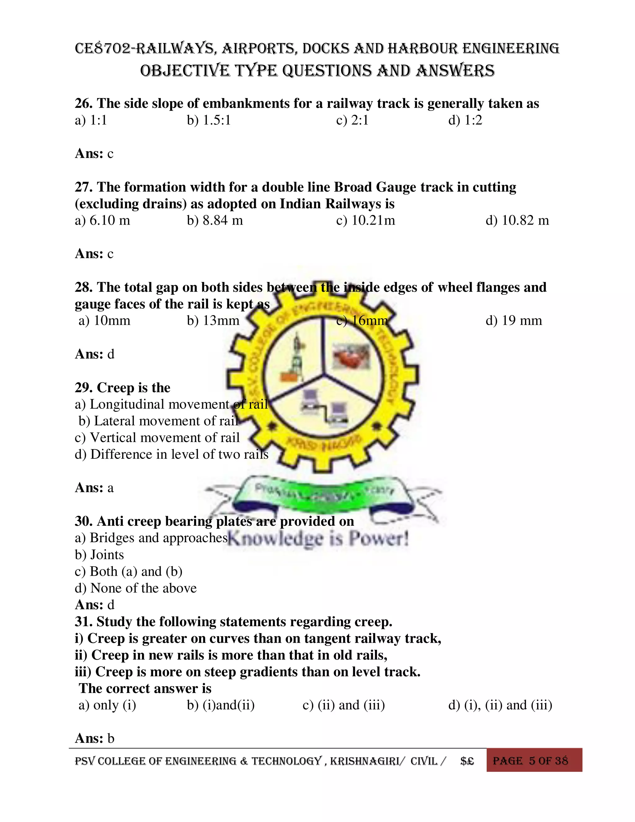 Ce8702 railways, airports, docks and harbour engineering mcq | PDF