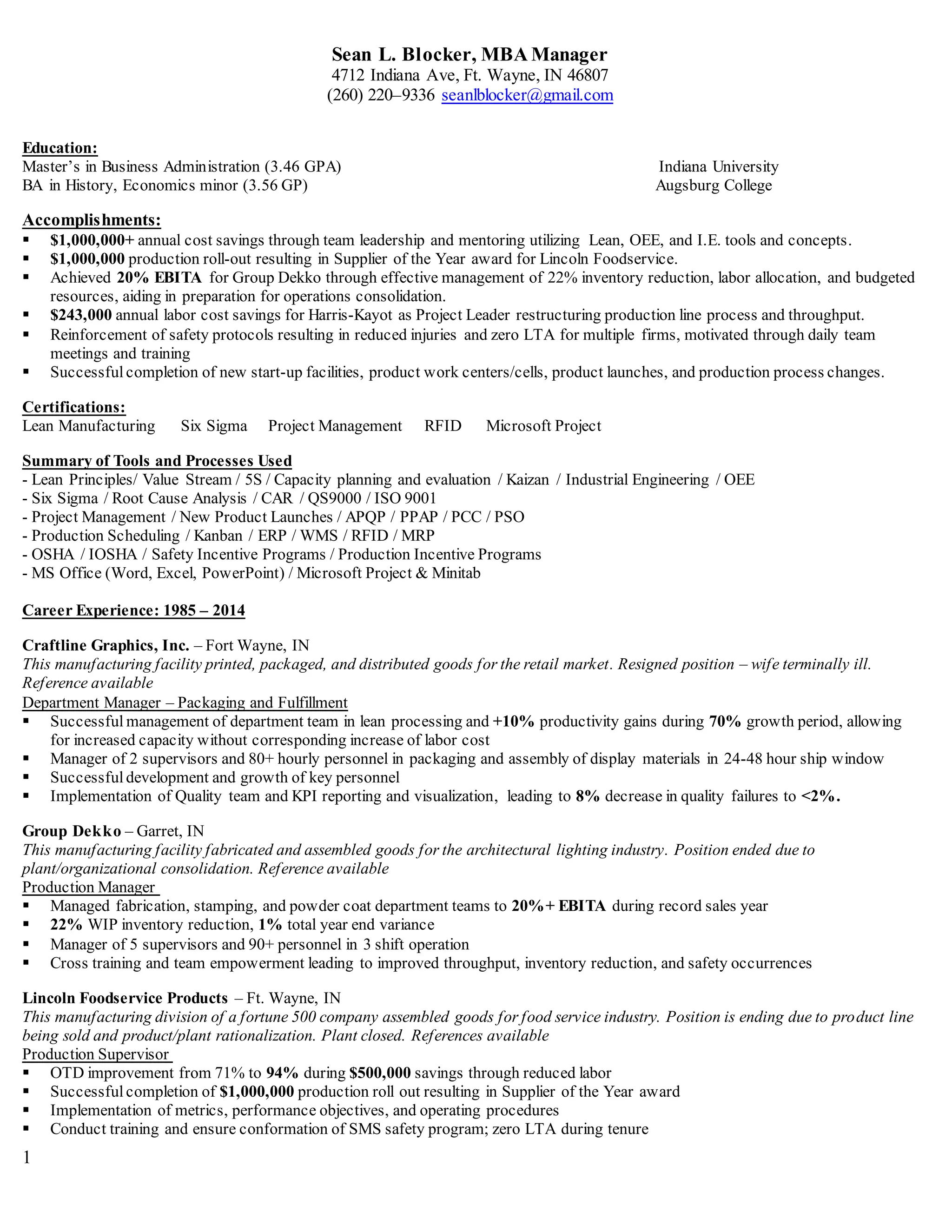 Results Driven Mgr, MBA - Sean Blocker | DOCX