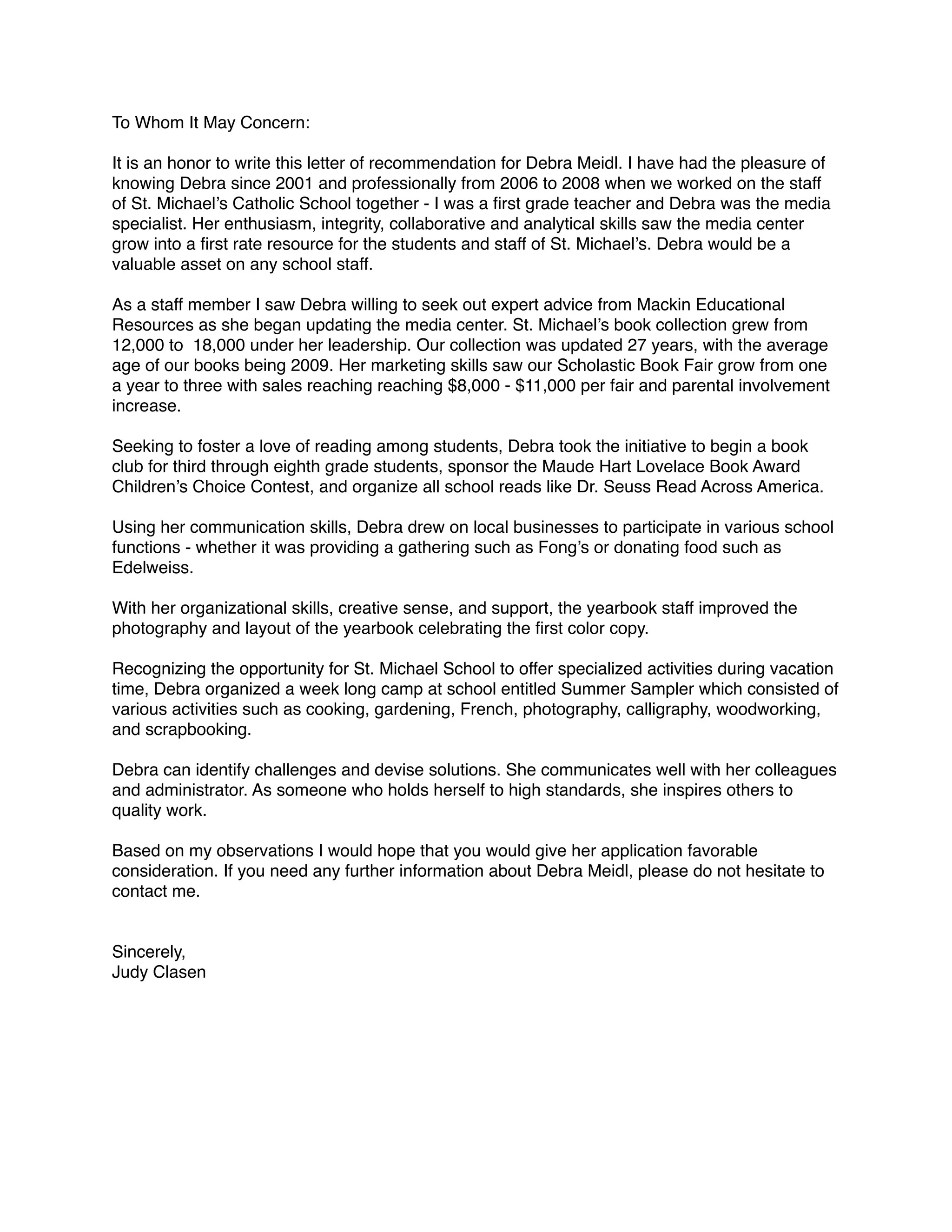 Letter of Recommendation from Judy Clasen-1 | PDF