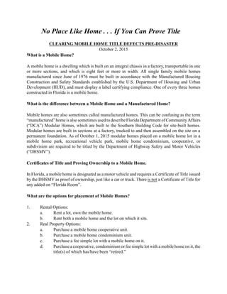 Clearing Mobile Home Title Defects Pre-Disaster 10.2.15
