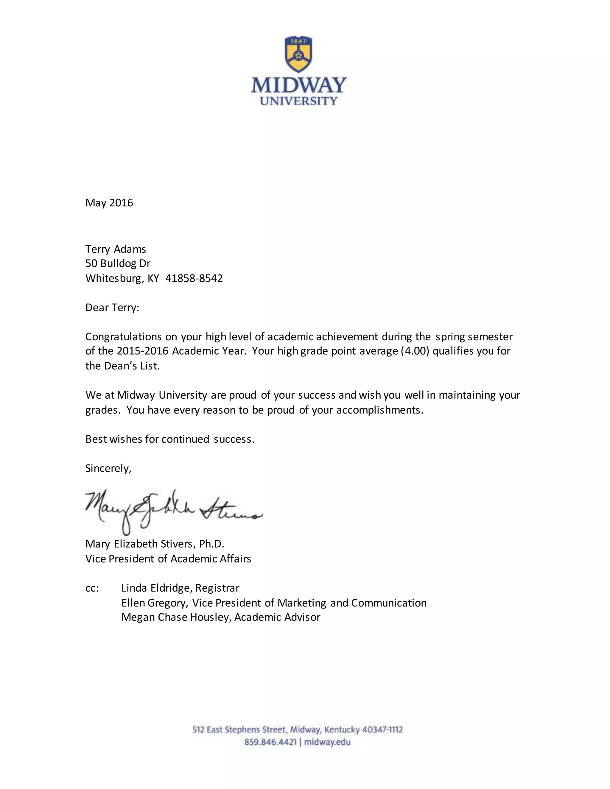 Dean's List letter, May 2016 | DOCX