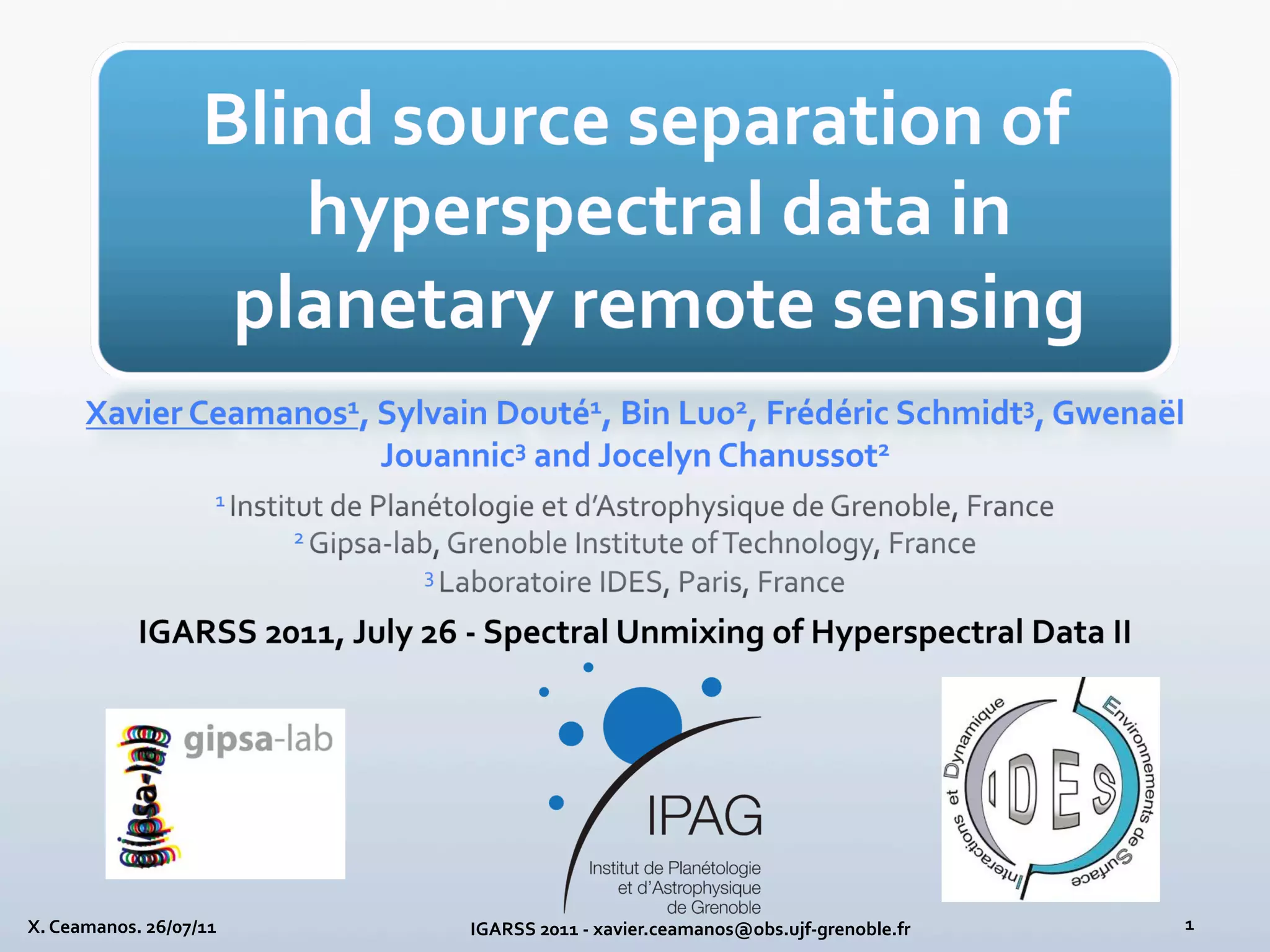 BLIND SOURCE SEPARATION OF HYPERSPECTRAL DATA IN PLANETARY REMOTE SENSING: ENDMEMBER EXTRACTION ...