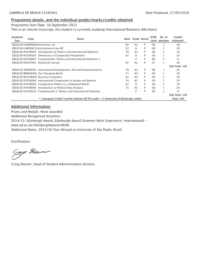 UoE - Transcript Year 1 and 2 | PDF