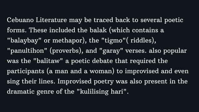 CEBUANO LITEFATURE ( PHILIPPINE LITERATURE) | PPTX | Books and Literature