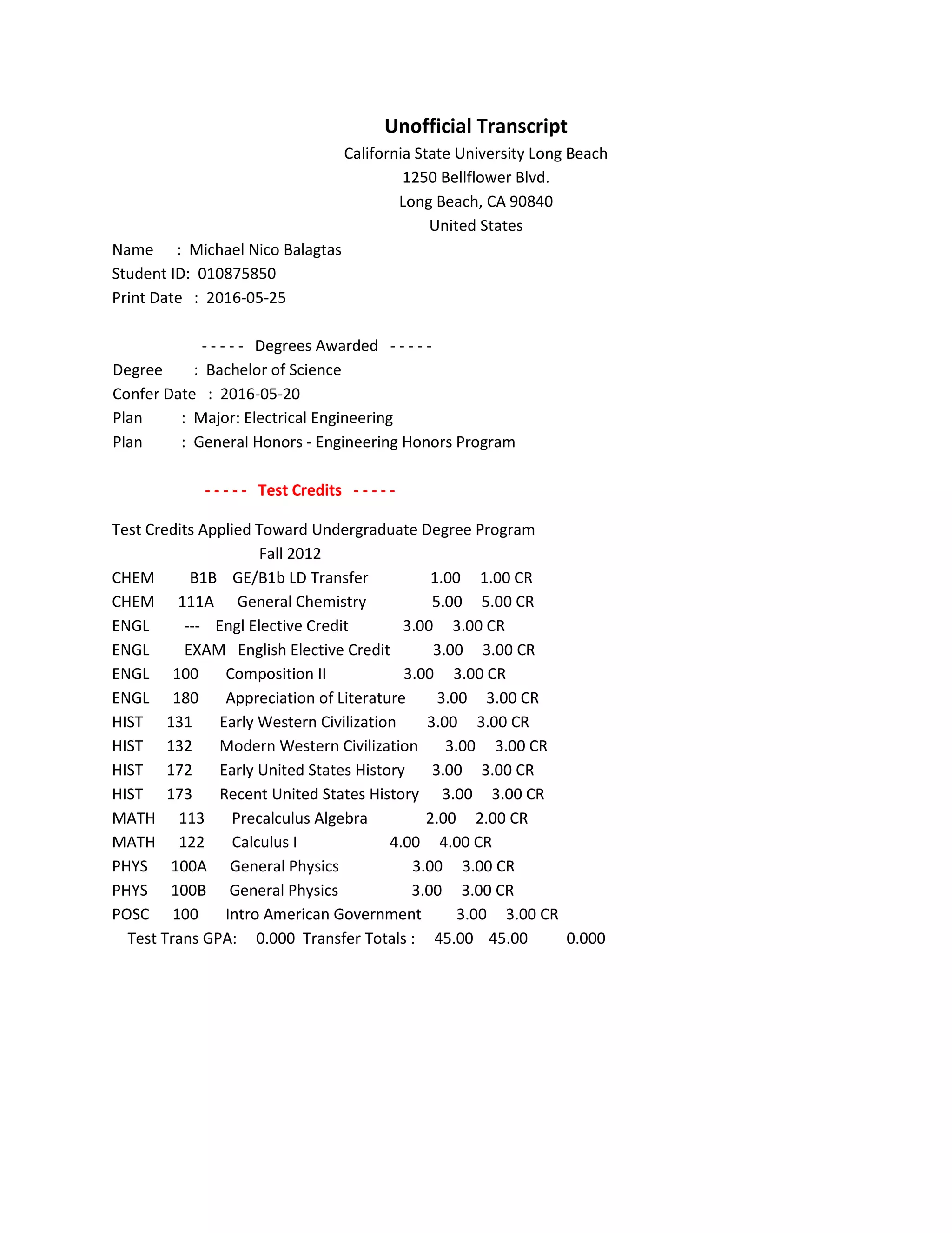 Unofficial Transcript June2016 | PDF