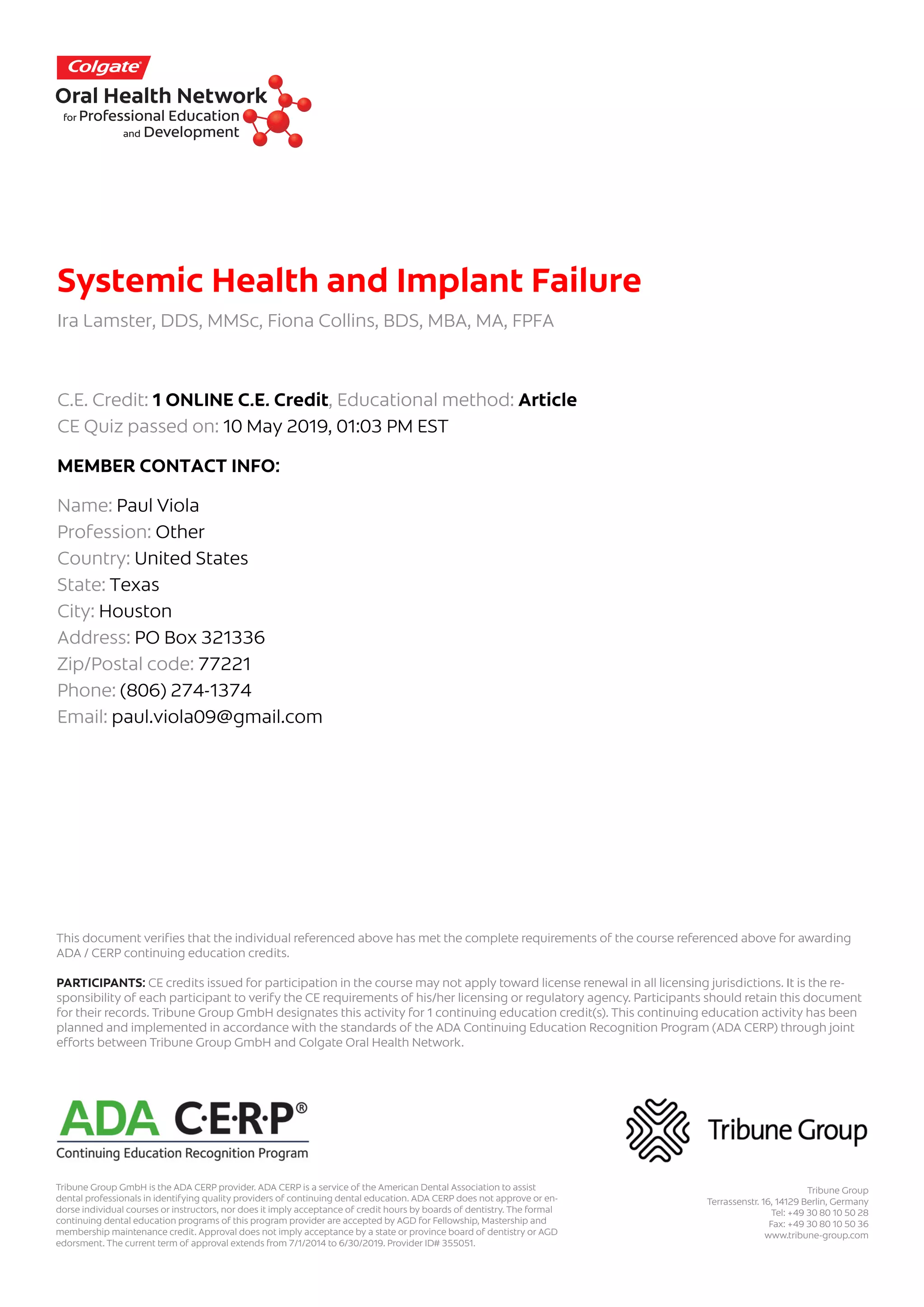 CE Certificate - Systemic Health and Implant Failure | PDF