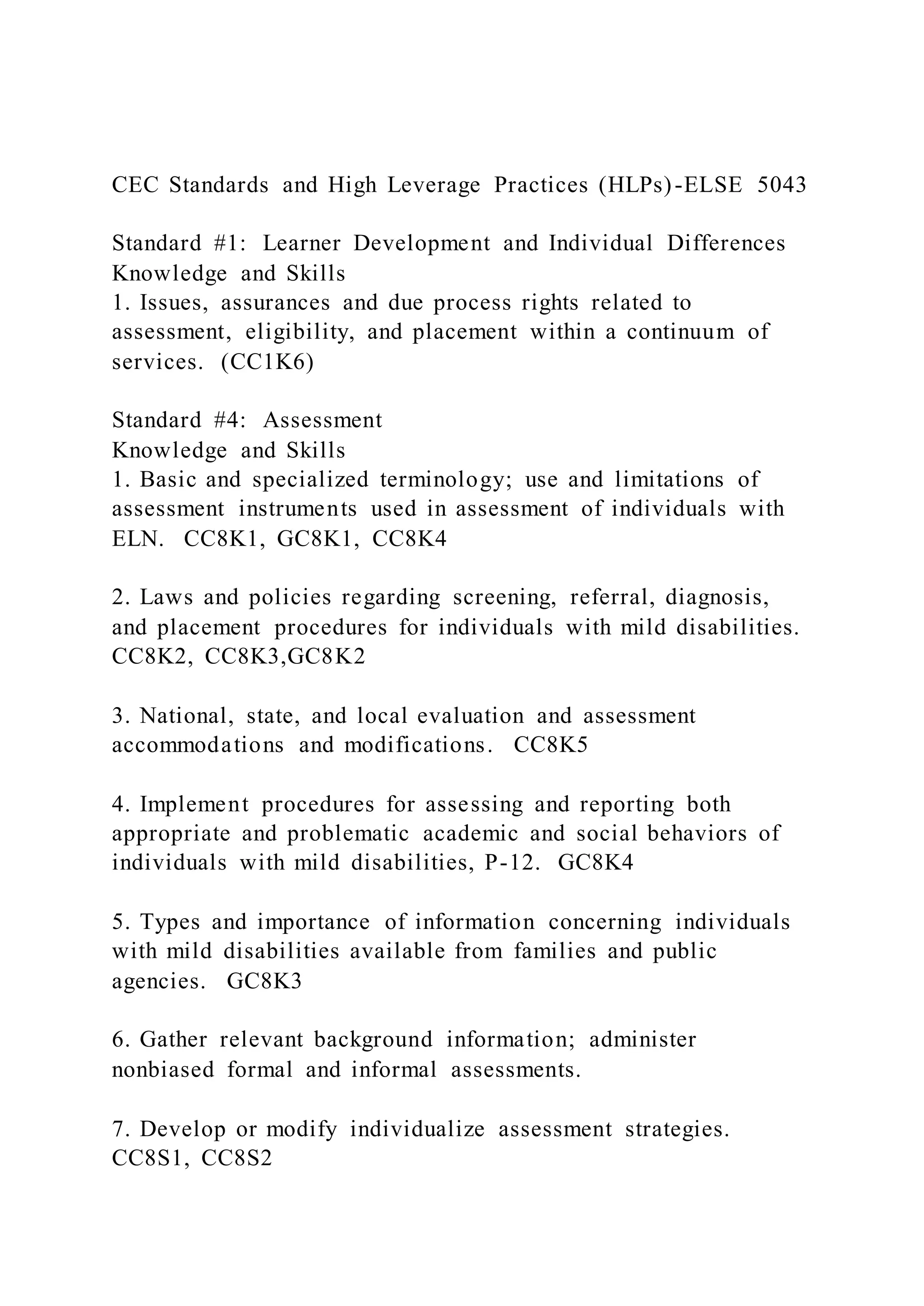 CEC Standards and High Leverage Practices (HLPs)-ELSE 5043Stan | DOCX ...