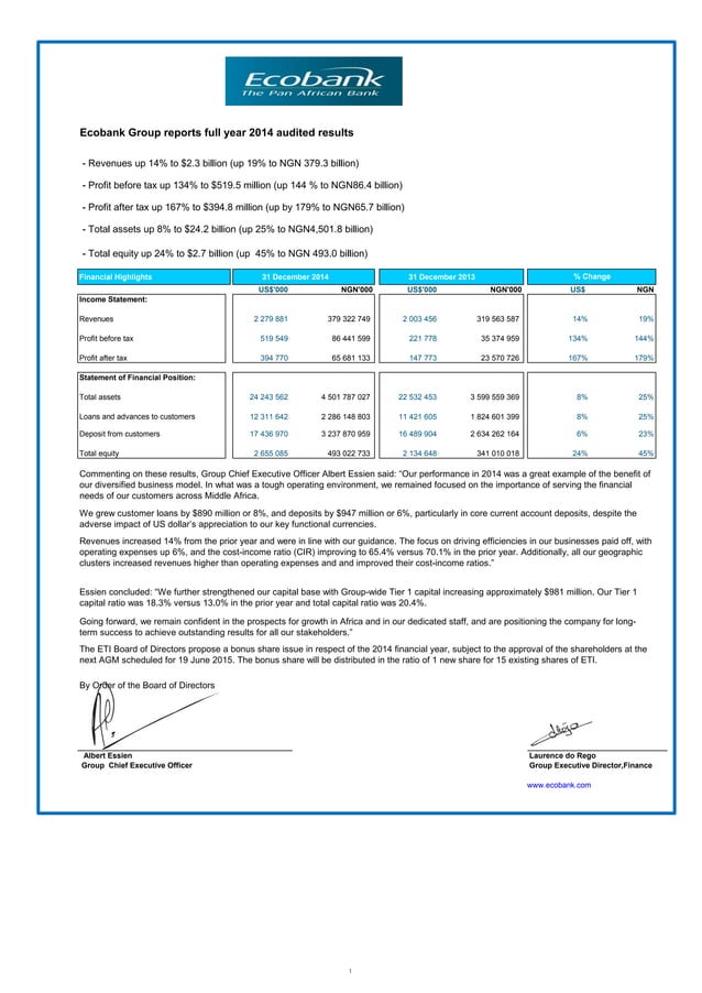 Ecobank Nigeria Annual Report 2014 | PDF
