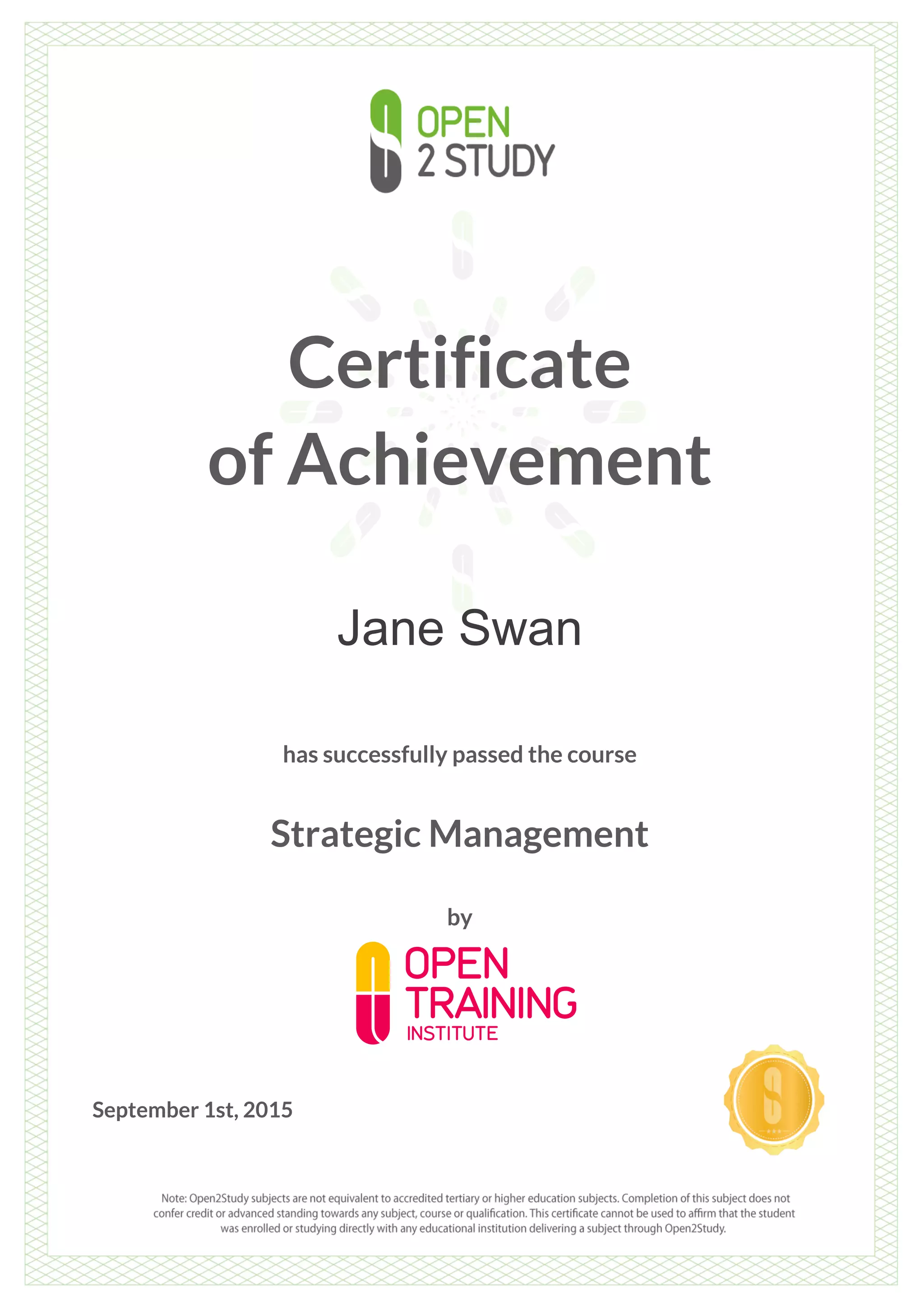 Strategic Management - Certificate open university | PDF
