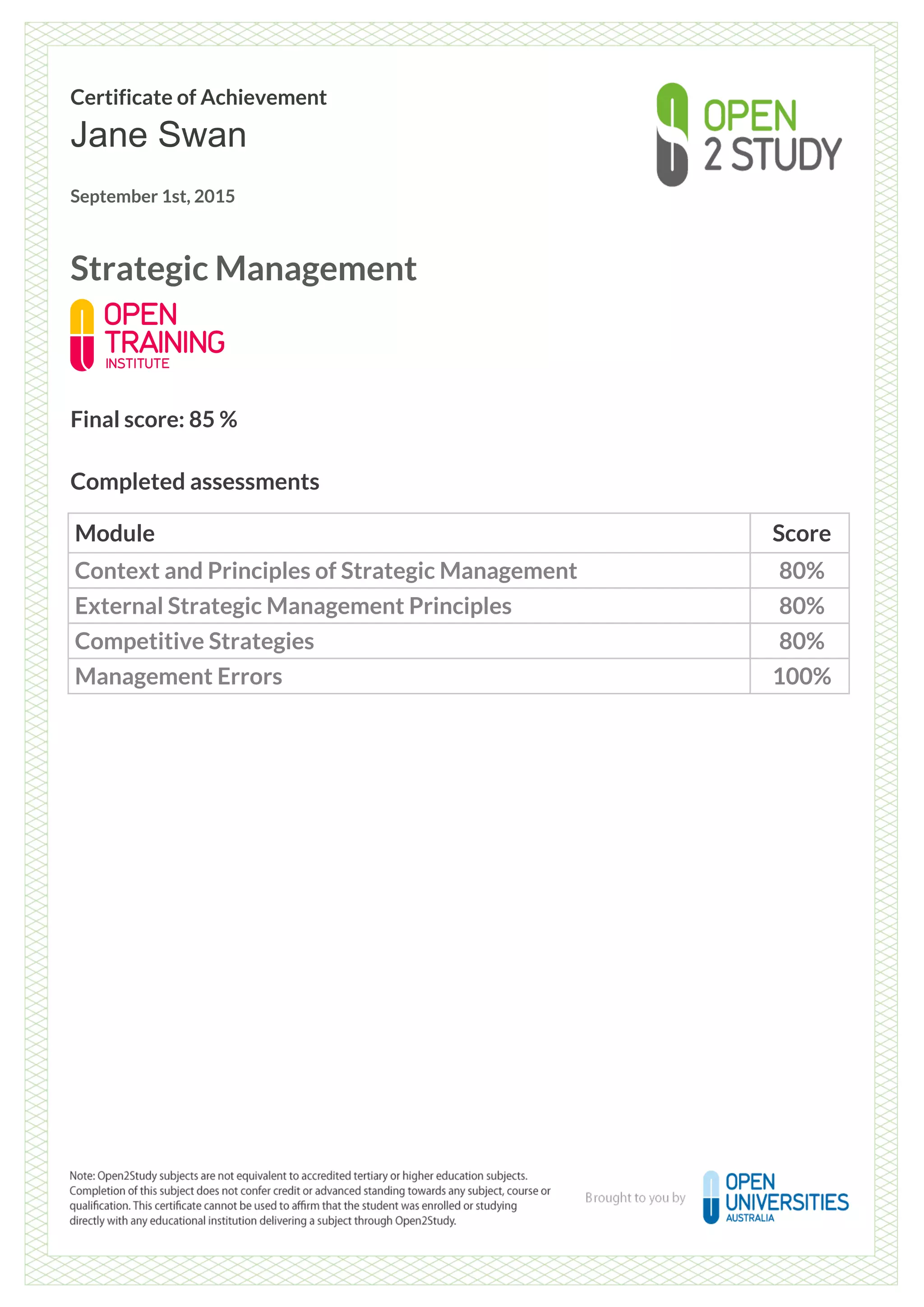Strategic Management - Certificate open university | PDF