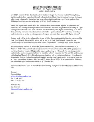 Cedars international hs press release | PDF