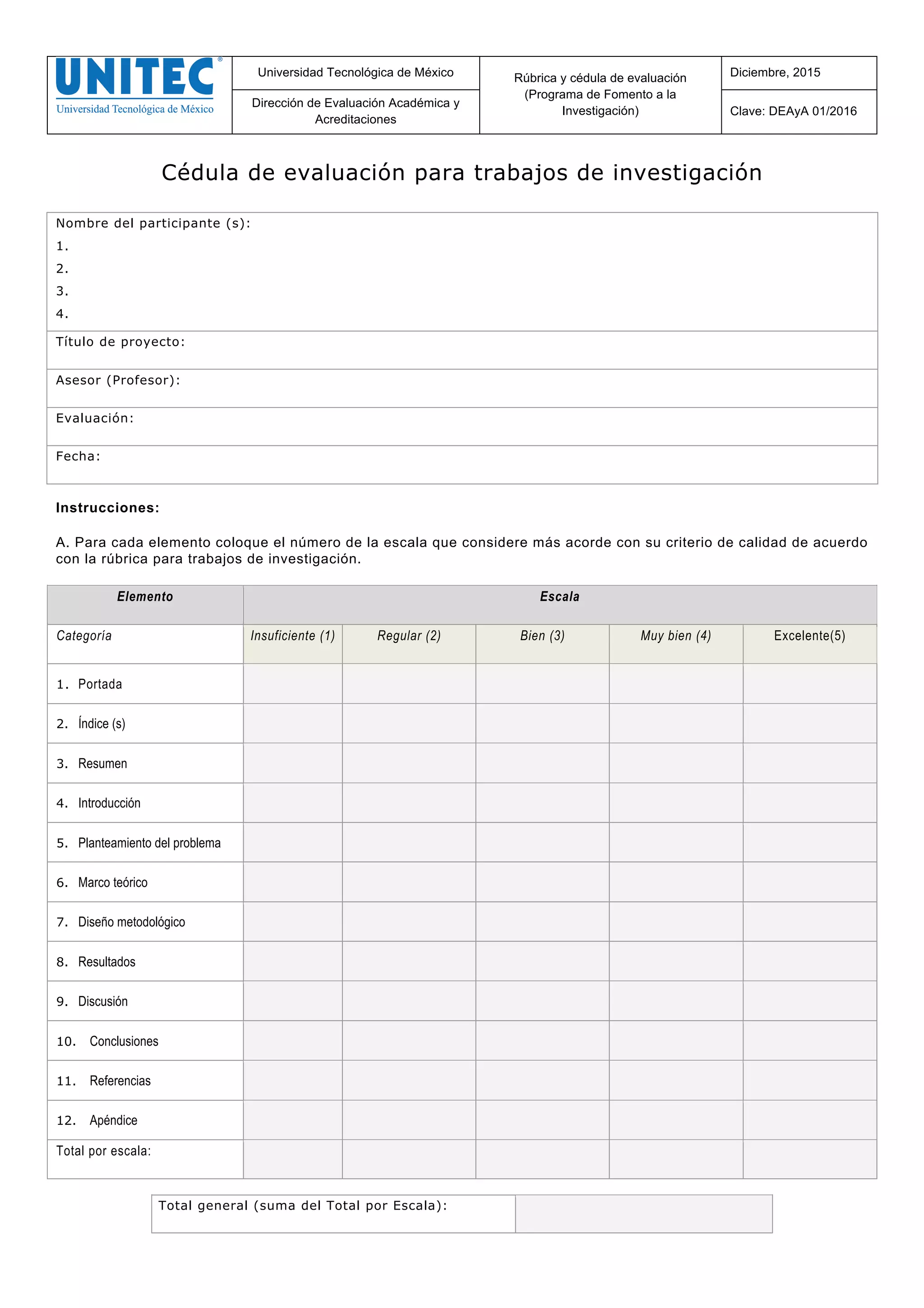 Cédula de evaluación UNITEC | PDF
